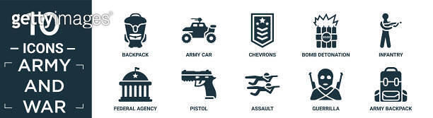filled army and war icon set. contain flat backpack, army car, chevrons ...