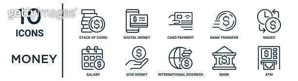 money outline icon set includes thin line stack of coins, card payment ...