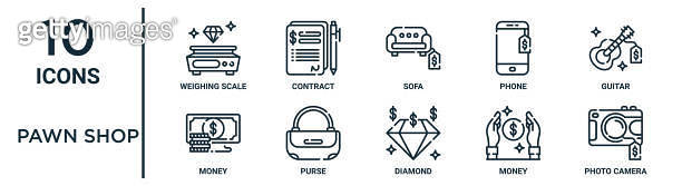 pawn shop outline icon set includes thin line weighing scale, sofa ...