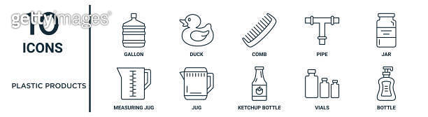 plastic products outline icon set includes thin line gallon, comb, jar ...