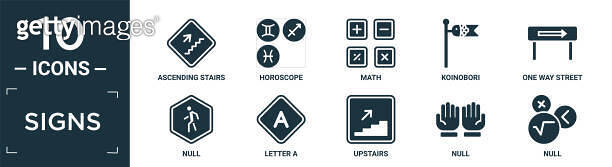 filled signs icon set. contain flat ascending stairs, horoscope, math ...