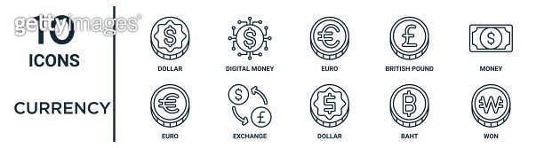 currency outline icon set includes thin line dollar, euro, money ...