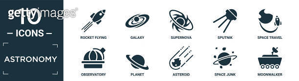 filled astronomy icon set. contain flat rocket flying, galaxy ...