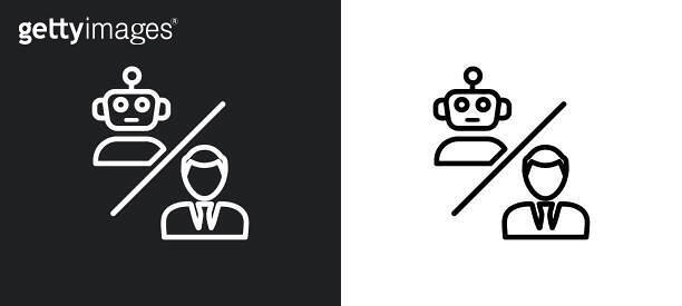 robots and humans outline icon in white and black colors. robots and ...