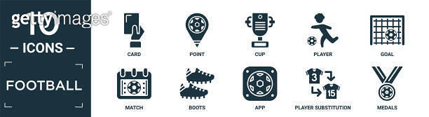filled football icon set. contain flat card, point, cup, player, goal ...