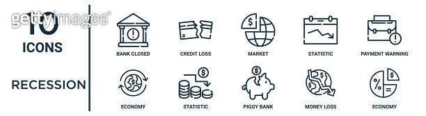 recession outline icon set includes thin line bank closed, market ...