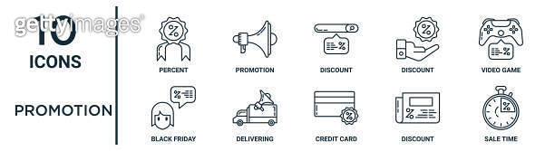 promotion outline icon set includes thin line percent, discount, video ...