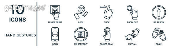 hand gestures outline icon set includes thin line finger print, flick, up arrow, fingerprint ...