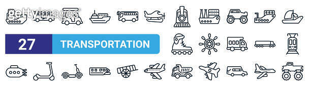 set of 27 thin line transportation icons such as ferry boat, airport ...
