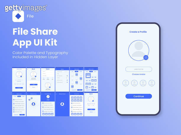 File Share App UI Kit and Different Screens Template on Blue Background ...