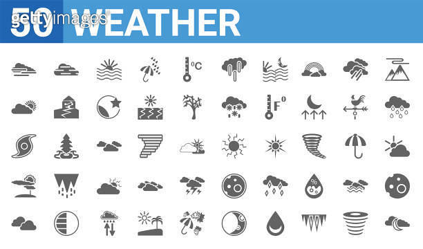 set of 50 weather web icons. filled glyph icons such as night,foggy ...