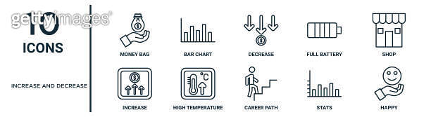 increase and decrease outline icon set includes thin line money bag, decrease, shop, high ...
