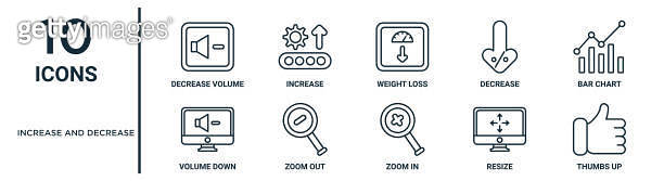 increase and decrease outline icon set includes thin line decrease volume, weight loss, bar ...