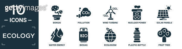 filled ecology icon set. contain flat bonsai, pollution, wind turbine, nuclear power, solar ...