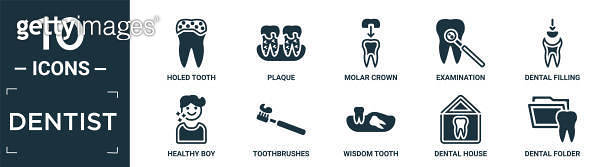 filled dentist icon set. contain flat holed tooth, plaque, molar crown ...