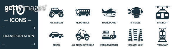 filled transportation icon set. contain flat all terrain, modern bus ...