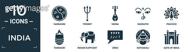 filled india icon set. contain flat sarnaism, trident, veena, navratri ...