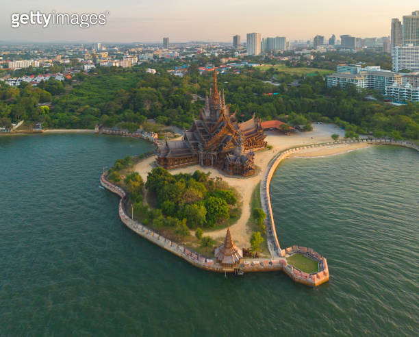 Aerial top view of Sanctuary of Truth Museum in Pattaya City with beach ...