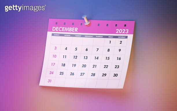 December 2023 Calendar on Colorful background, White pushpin ...