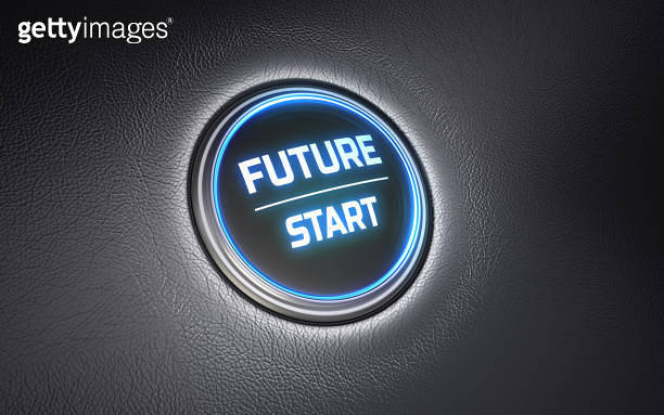 Car Engine Future Start Button, Blue Bright Metallic on Black Leather ...