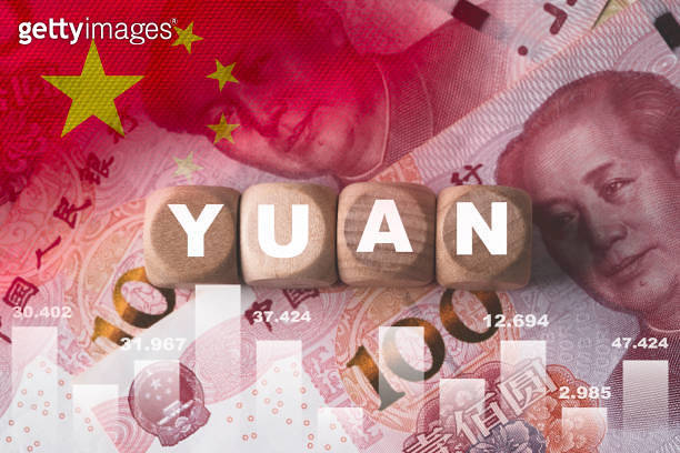 Yuan banknote with China flag with bar chart for China economy and ...