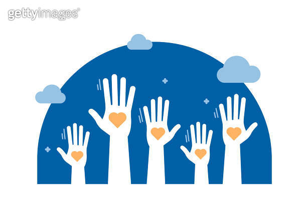 Volunteers and charity work. Raised helping hands. Vector icon ...