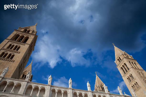 Pecs cathedral seen from the bottom in the end of afternoon, in summer ...