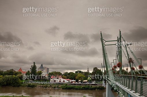 Panorama of the Mures river and riverbank in Arad, Romania,from podul ...