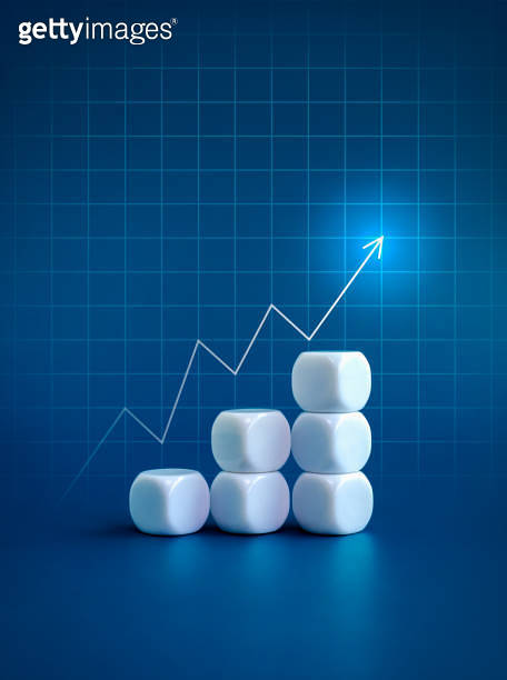 Rising glow arrows on white blocks business chart steps on blue ...