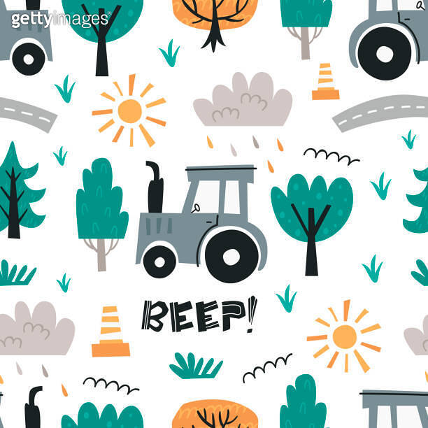 Vector seamless pattern with cute blue tractors. (1617606439) - 게티이미지뱅크