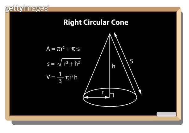 Right circular cone formula on black board. shape in mathematic ...