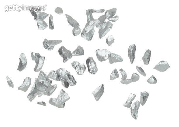 Silver ore nugget fly fall from Mining float in air. Many pieces silver ...