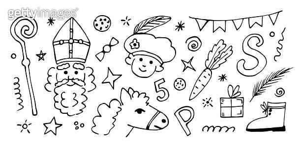 Simple hand drawn symbol set, St. Nicholas Day celebration. Sinterklaas ...