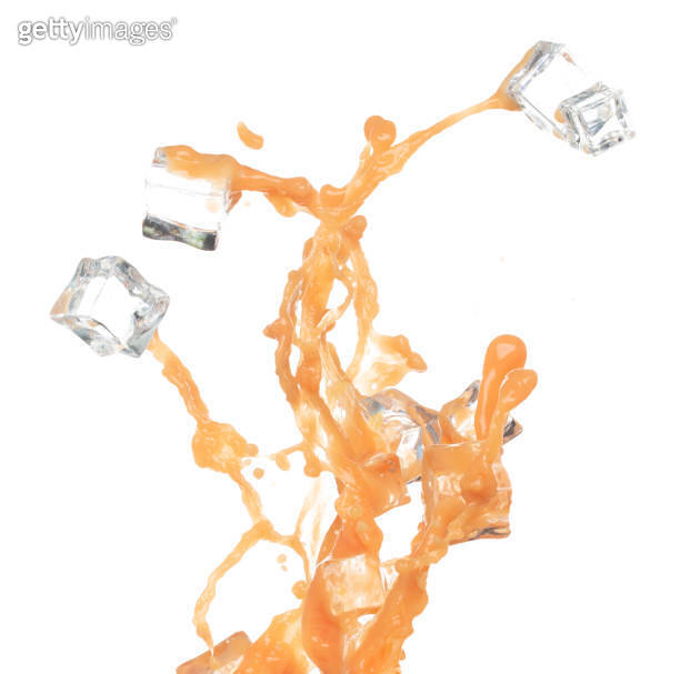 Orange Juice ice cube cool pouring down in Shape form line. Orange ...