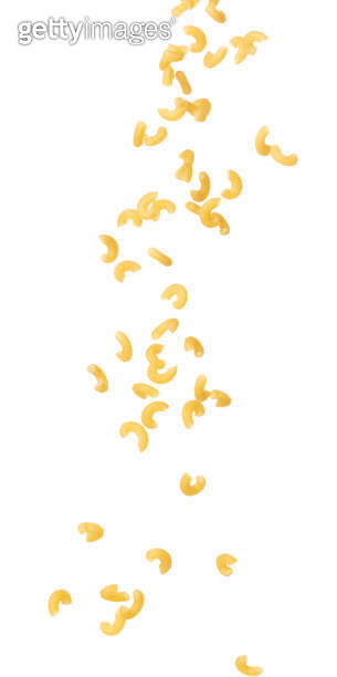 Macaroni fall down in group, yellow macaronis pasta float explode ...