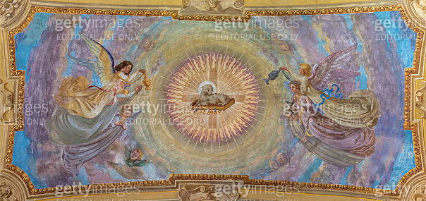 Ivrea - The ceiling fresco of Lamb of God among the angels in the ...