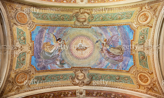 Ivrea - he ceiling fresco of Lamb of God among the angels in the church ...