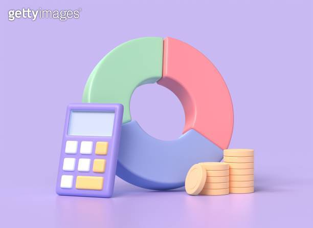 3d calculator, stack of coins and financial graph or chart in cartoon ...