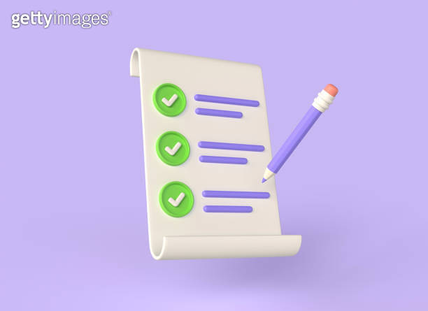 3D clipboard with completed task list, pencil and green checkmark ...