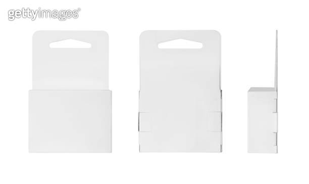 Blank retail packaging white boxes with hang slot. Isolated on white ...