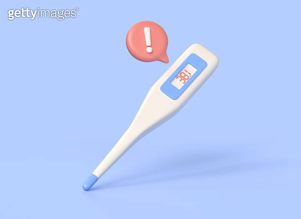 3d medical electronic thermometer, high temperature and exclamation ...