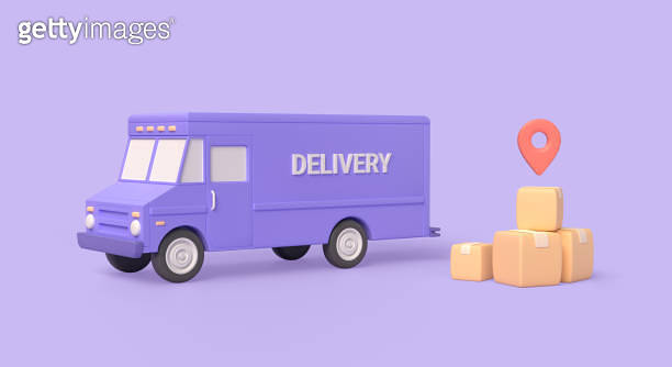 3d parcel delivery van, cardboard boxes. fast delivery service concept ...