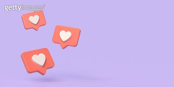 3d heart icon for social media and speech bubble from different angles ...
