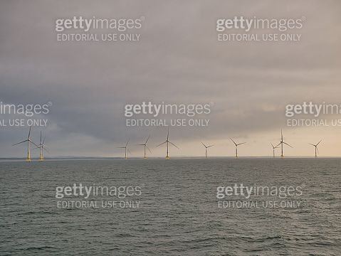 The wind turbines of the Aberdeen Offshore Wind Farm in the North Sea ...