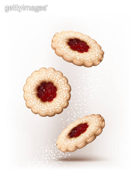 realistic vector icon. Linzer cookies falling with icing sugar. Baking ...