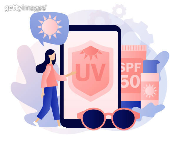 UV protection concept. Tubes and bottles of sunscreen cream, lotion ...