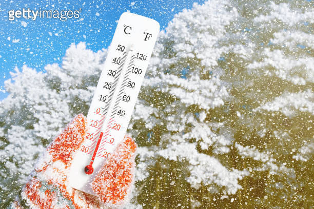 White celsius and fahrenheit scale thermometer in hand. Ambient ...