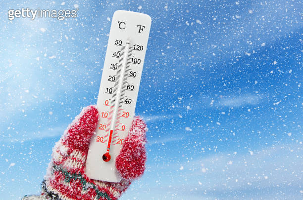 White celsius and fahrenheit scale thermometer in hand. Ambient ...