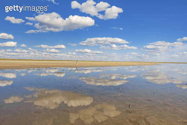 Scenic sunlight landscape, shore of salt lake, water surface and ...
