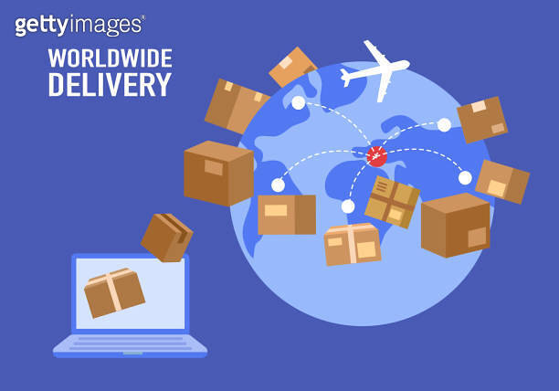 Worldwide delivery service of goods vector illustration. Parcel boxes ...